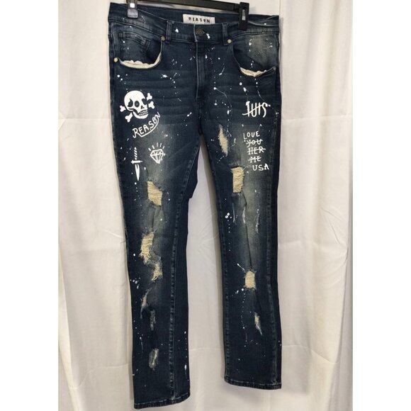 Reason | Jeans | Reason Mens Blue W Paint Marks Pantsjeansslim Fit Sz ...